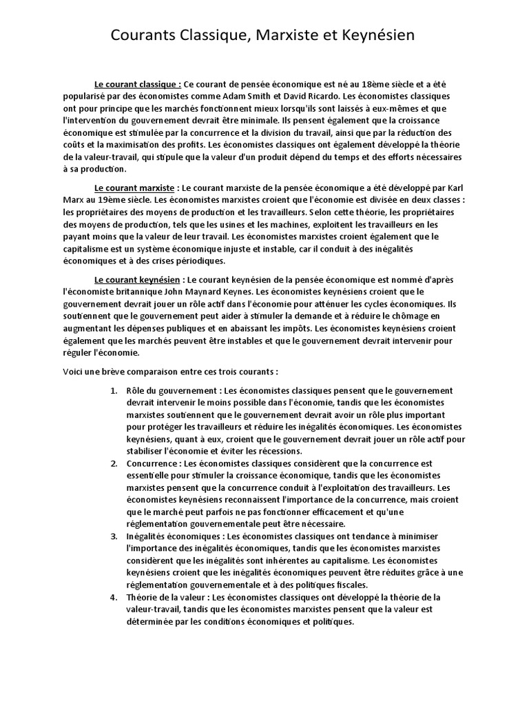 Comparaison des Courants Économiques : Classique, Marxiste, Keynésien ...