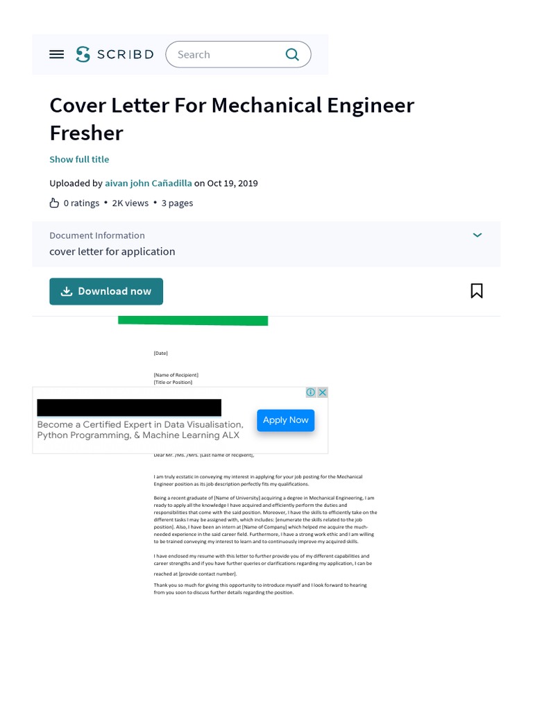 Cover Letter For Mechanical Engineer Fresher - PDF - Engineering - Computing | PDF | Engineer ...