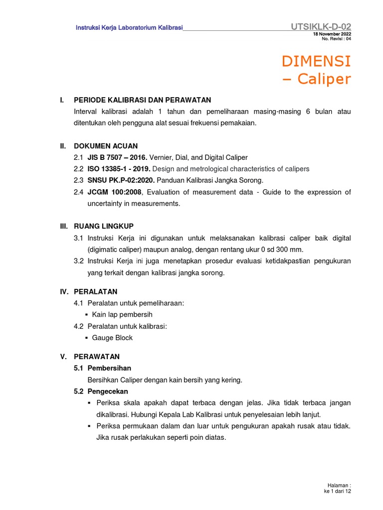 Prosedur Kalibrasi Caliper Laboratorium | PDF