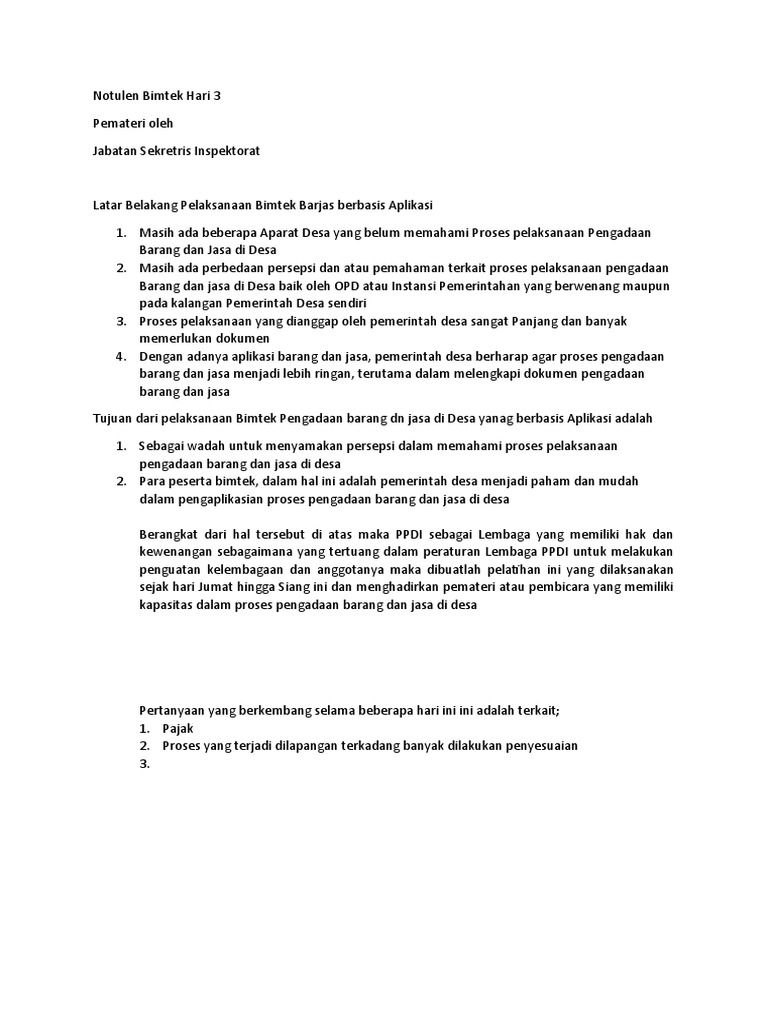 Notulen Bimtek Hari 3 | PDF