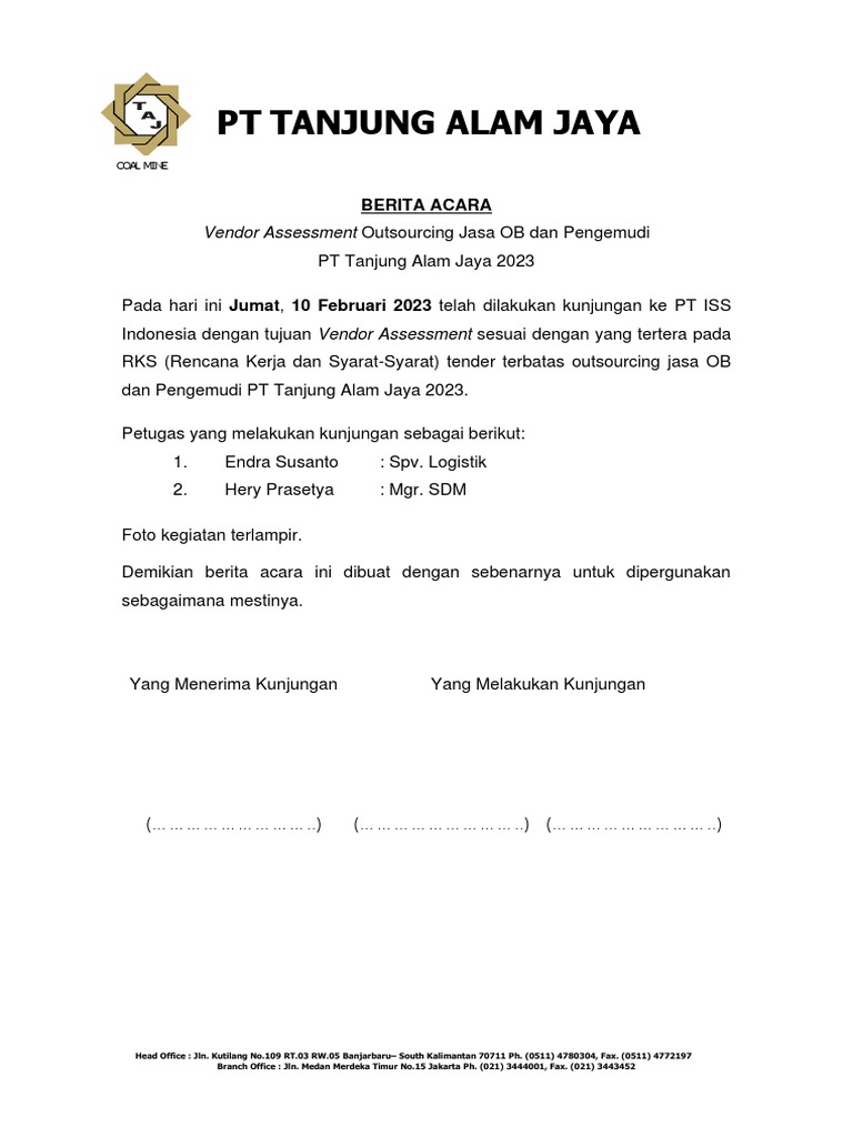 Berita Acara Kunjungan Vendor ISS 2023 | PDF
