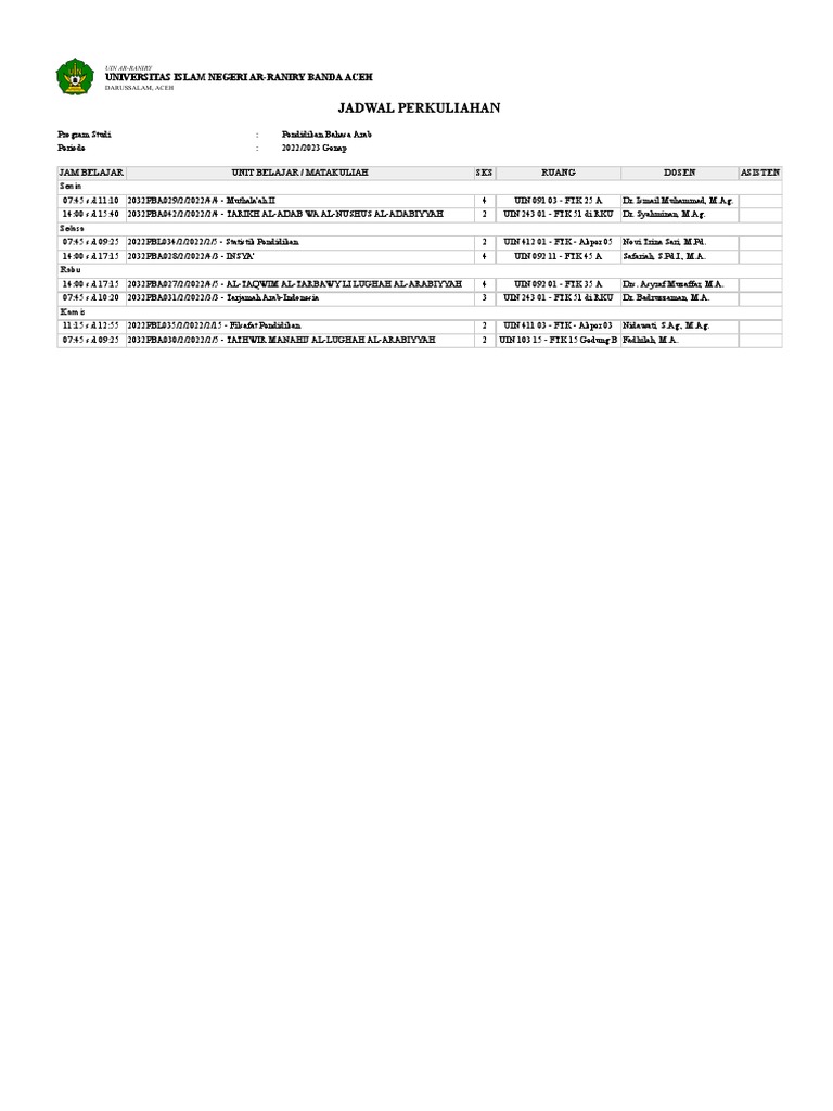Jadwal Kuliah PBA UIN Ar-Raniry 2022/2023 | PDF