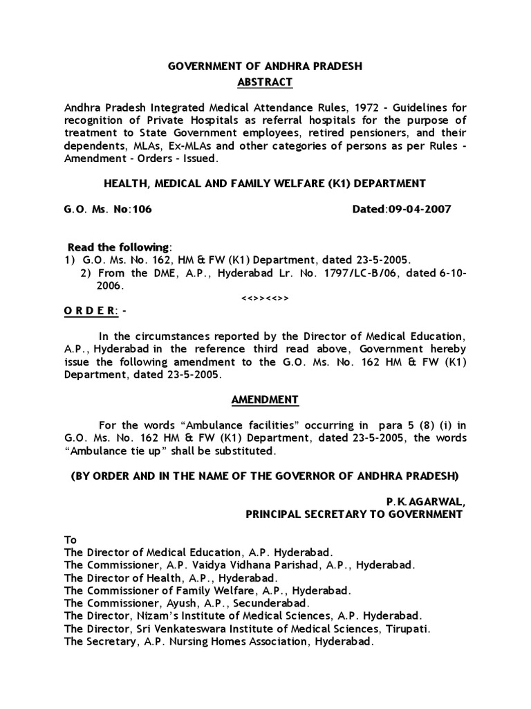 GO Ms 106 - Guidelines For Recognition of Private Hospitals - Amendment ...