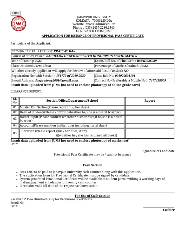 Provisional Pass Certificate Application | PDF | Service Industries
