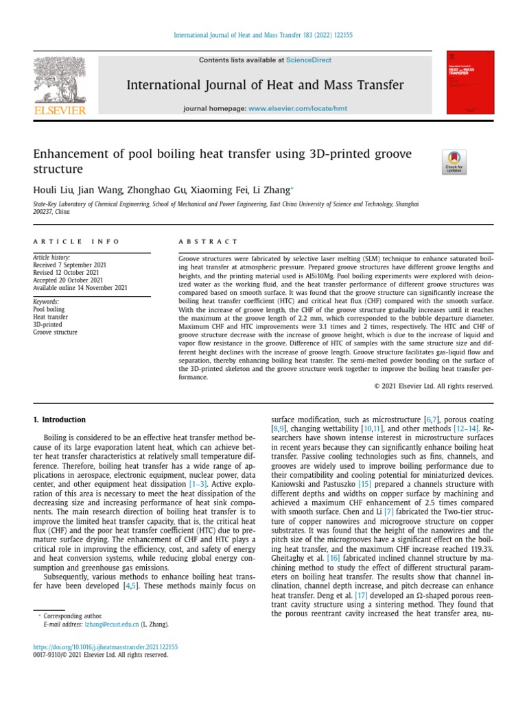 Enhancement Of Pool Boiling Heat Transfer Using 3d Printed Groove Structure Pdf Boiling