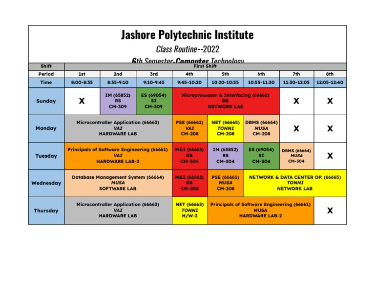 6th Semester Class Routine 2022 Sheet1 3 Pdf Computers 