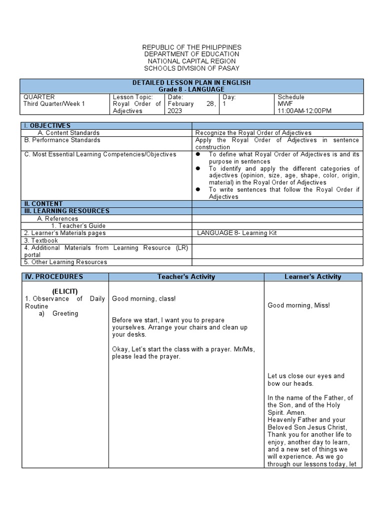 Royal Order of Adjectives Lesson Plan | PDF | Adjective | Noun