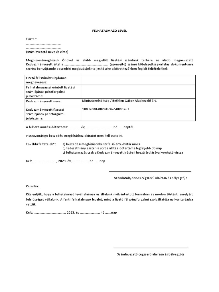 Banki Felhatalmazó Levél 2023 | PDF