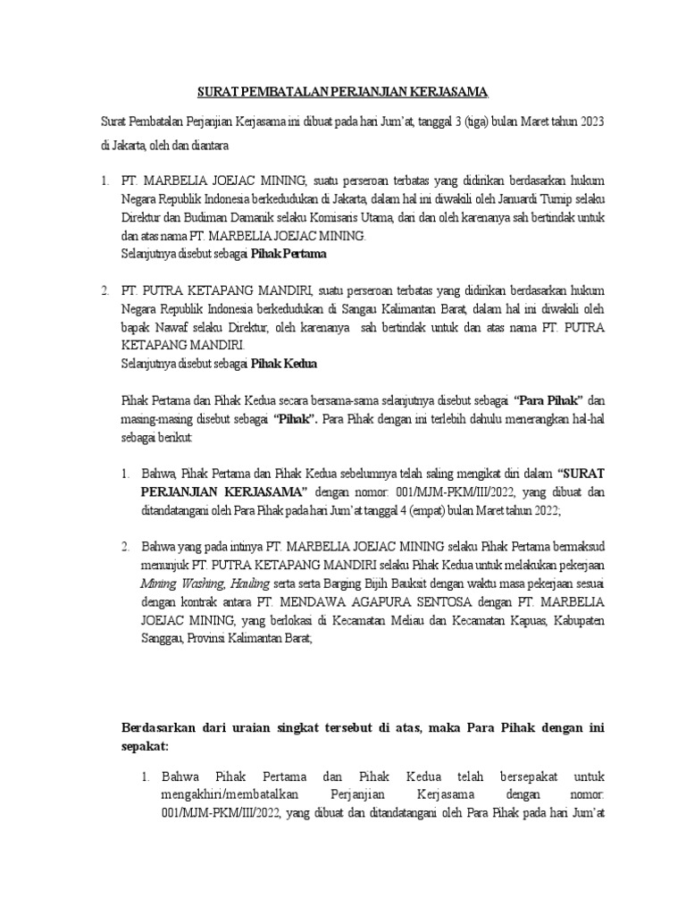 Surat Pembatalan Perjanjian Kerjasama-1 | PDF