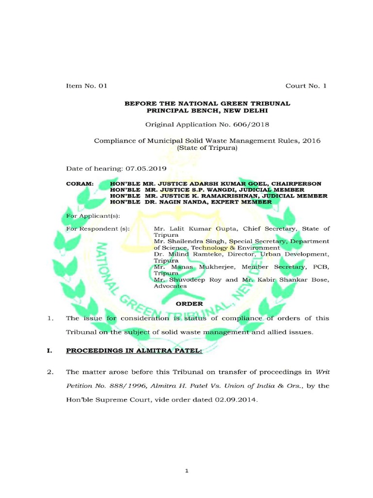 Compliance of SWM Rules, 2016 (State of Tripura), O.A 606 of 2018 | PDF ...