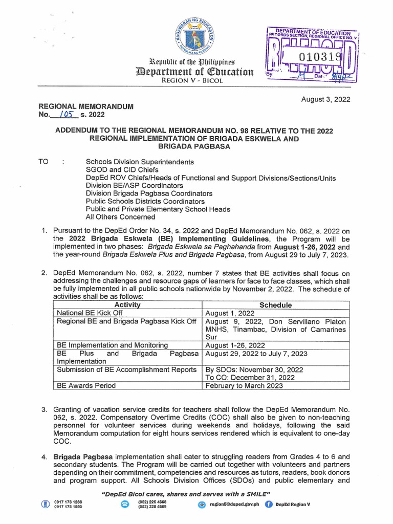 RM - 105 S - 2022 Addendum To The Regional Memorandum No. 98 Relative To The 2022 Regional ...