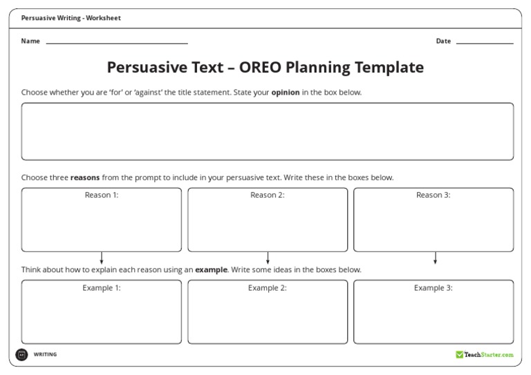 Persuasive Text - OREO Planning Template: Opinion in The Box Below | PDF