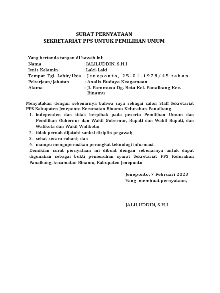 Surat Pernyataan Calon Staff PPS Jeneponto | PDF