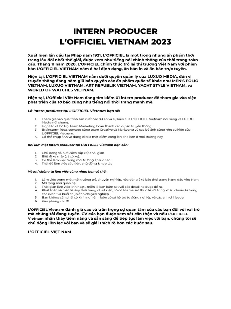 L'OFFICIEL Vietnam - Intern Producer JD | PDF