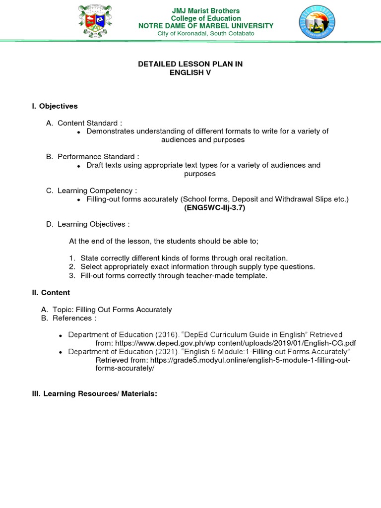 Secribing Characters in The Story Detailed Lesson Plan in English V PDF ...