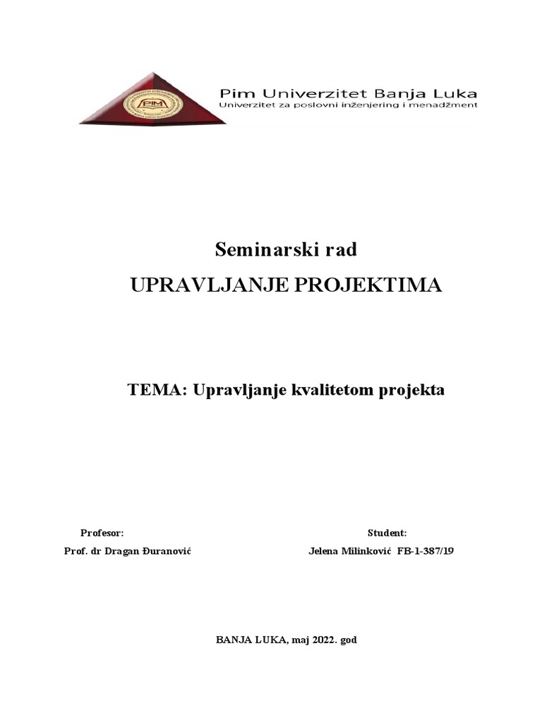 Seminarski Rad Upravljanje-Kvalitetom-Projekta | PDF