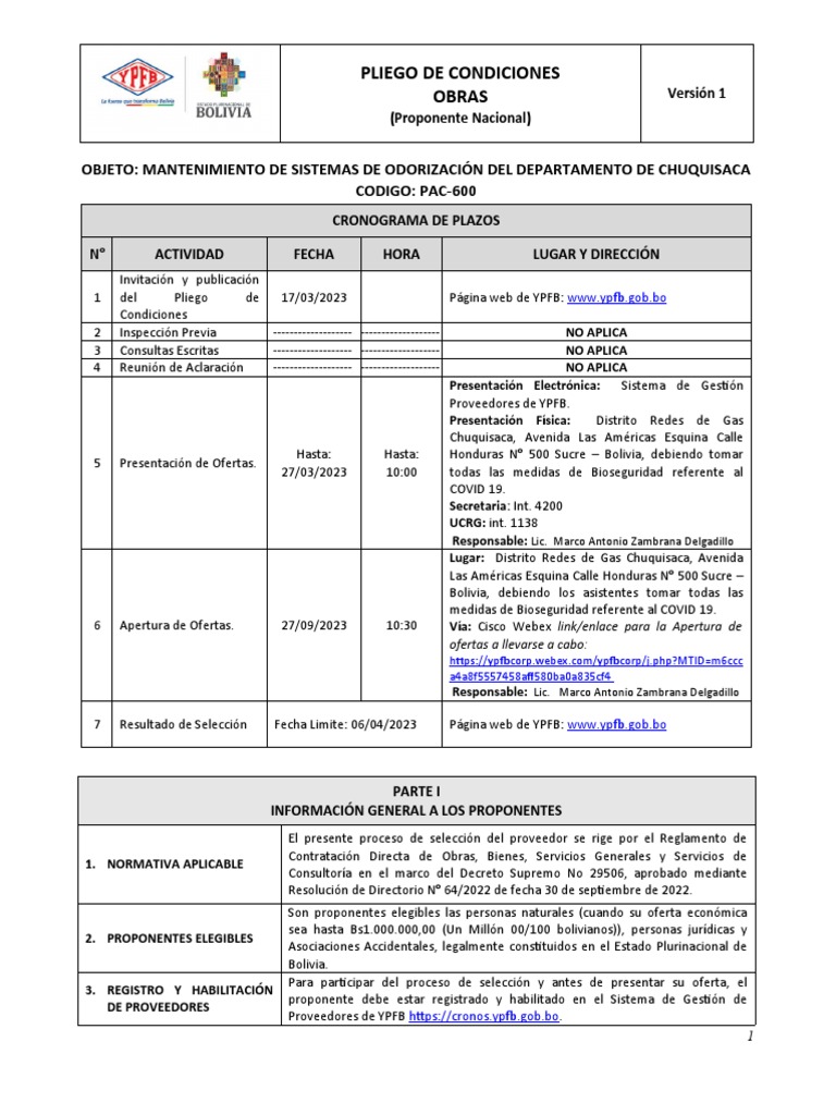 Pliego de Condiciones Obras Pac-600 | PDF