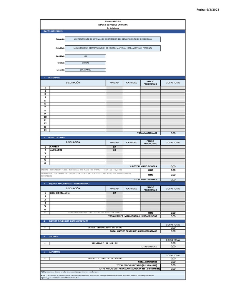 Form B-2 Analis Precios Unitarios Pac - 600 | PDF | Impuestos | Soldadura