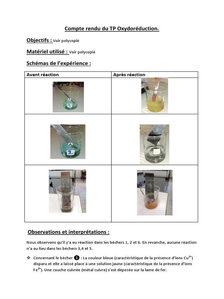 Compte Rendu Du TP Oxydoréduction | Download Free PDF | Réaction d ... Compte Rendu Du TP Oxydoréduction | Download Free PDF | Réaction d ...