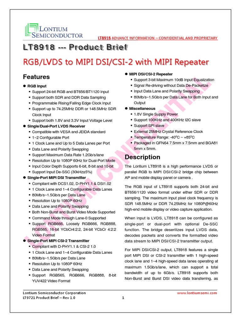 LT8918 - Product Brief: RGB/LVDS To MIPI DSI/CSI-2 With MIPI Repeater ...