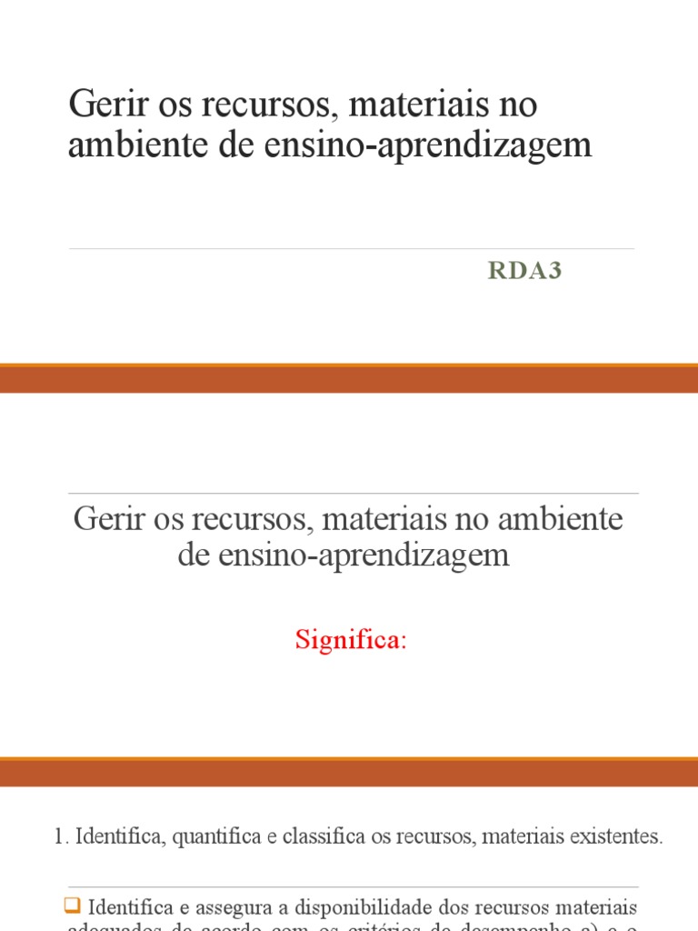 RdA3 - Gerir Os Recursos, Materiais No Ambiente de | PDF | Aprendizado