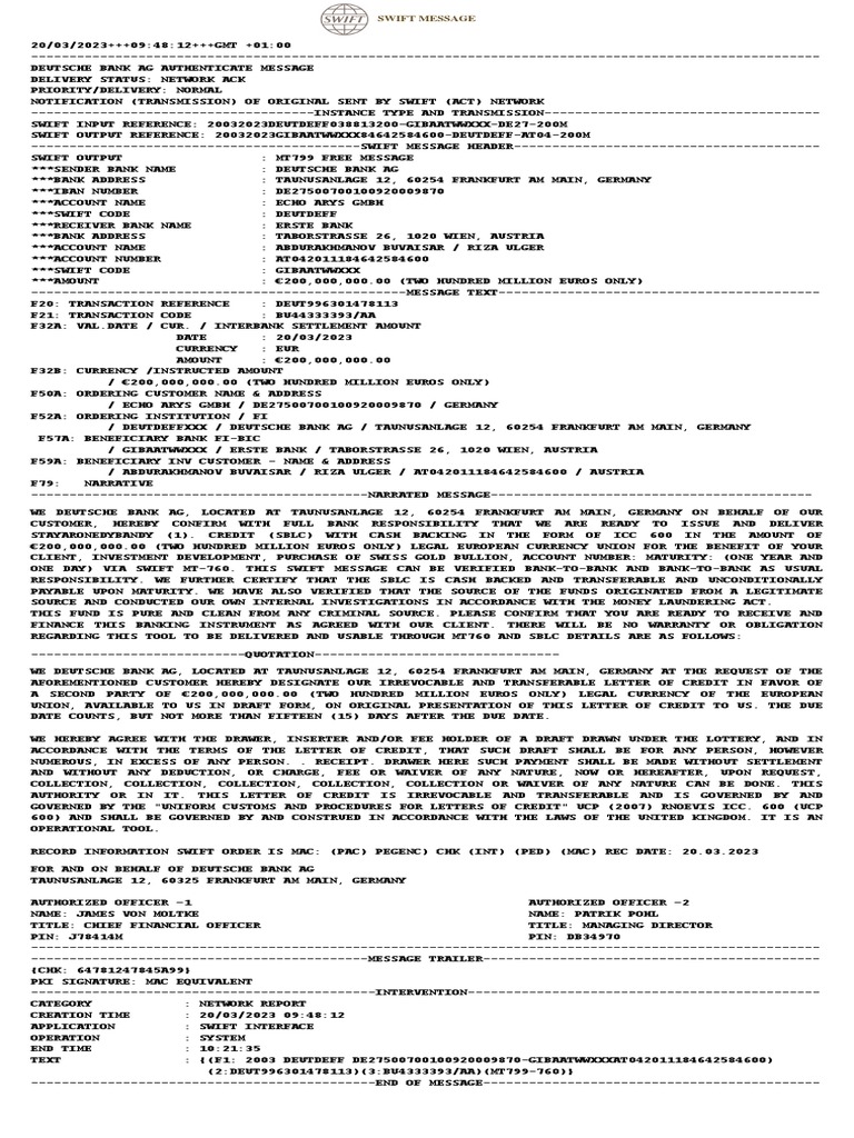 MT 799 Swift Message | Download Free PDF | Letter Of Credit | Banks