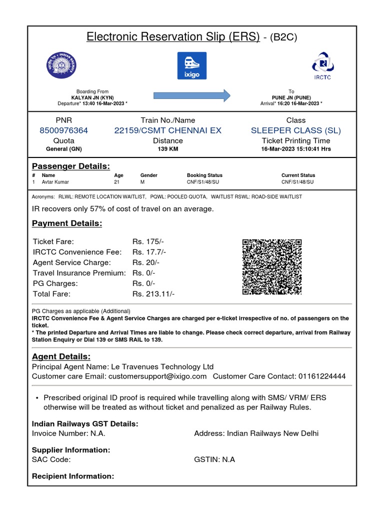 Electronic Reservation Slip (ERS) : 8500976364 22159/Csmt Chennai Ex ...