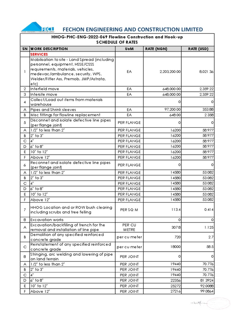 Flowline Construction Rate Schedule | PDF | Physical Sciences | Applied ...