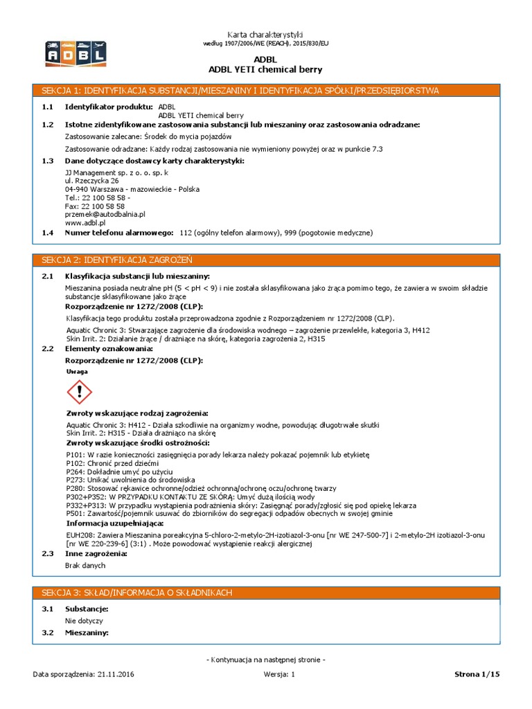 Karta Charakterystyki ADBL YETI Chemical Berry | PDF