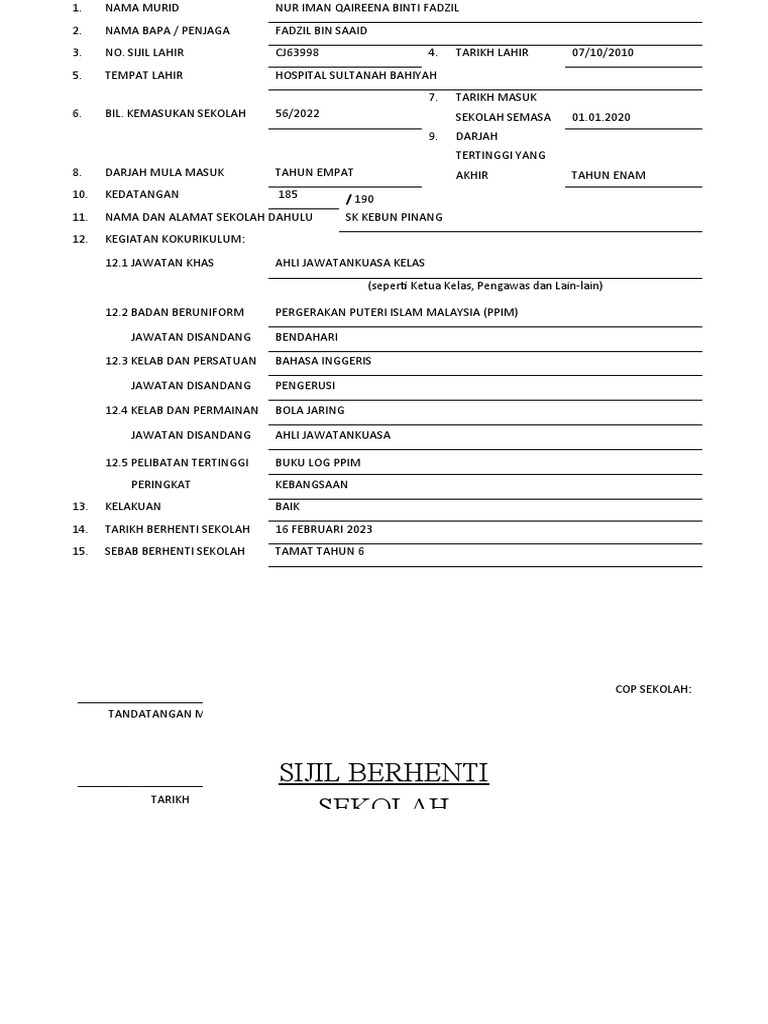 Template Sijil Berhenti Sekolah 2022-1 | PDF