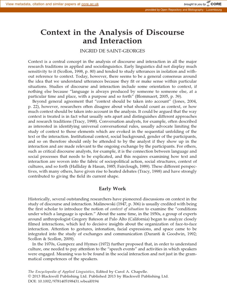 Context in The Analysis of Discourse and Interaction: Ingrid de Saint-Georges | PDF | Context ...