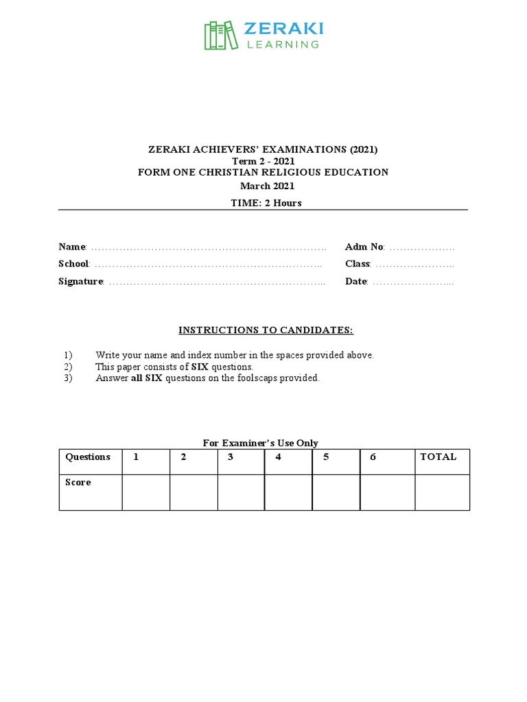 C.R.E Form 1 - Zeraki Achievers 2.0 | PDF | Religious Belief And ...