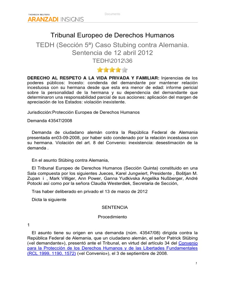 Jur - TEDH (Seccion 5a) Caso Stubing Contra Alemania. Sentencia de 12 ...