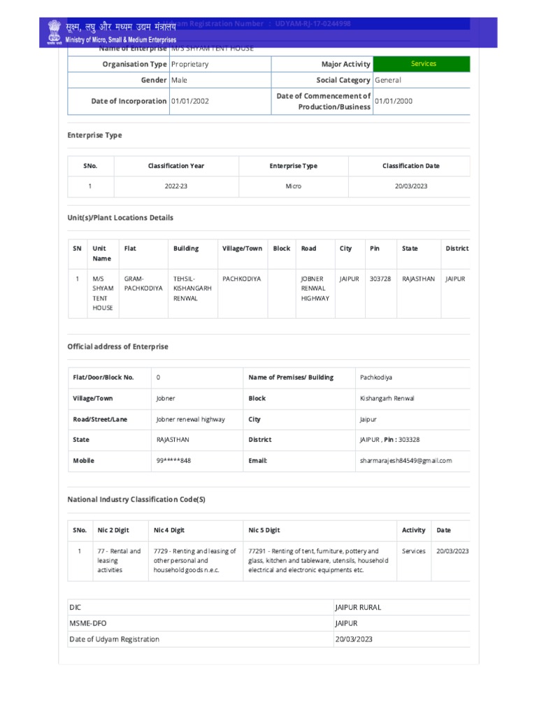 Udyam Registration Number: UDYAM-RJ-17-0244998: Services | PDF | Renting