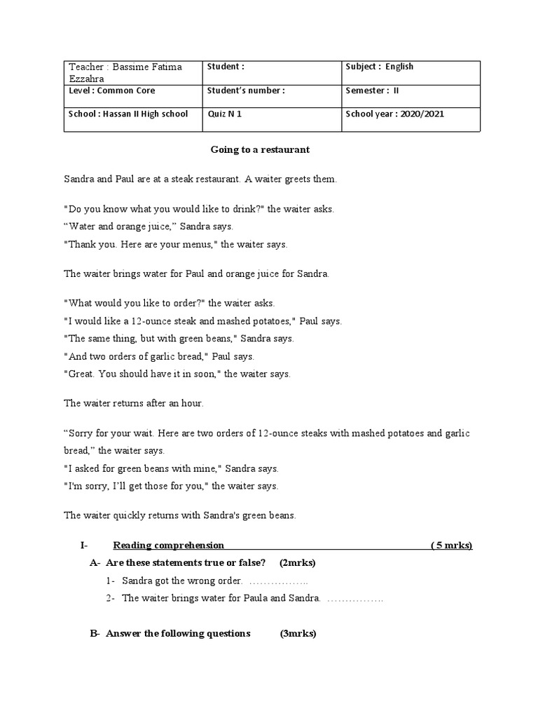Quiz 1 SEMESTER 1 COMMON CORE | PDF | Waiting Staff | Human Communication