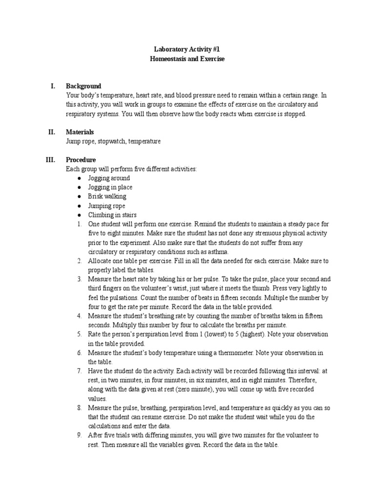 Homeostasis and Exercise Lab | PDF | Breathing | Heart Rate