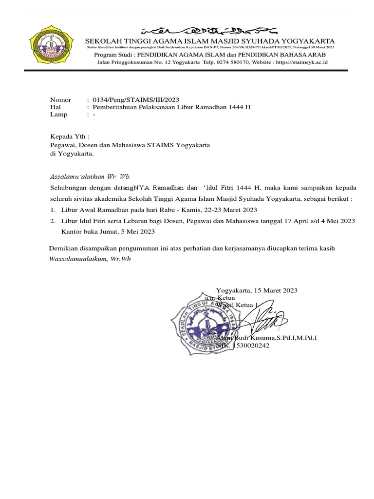 Pengumuman Libur RMDHN 2023 | PDF