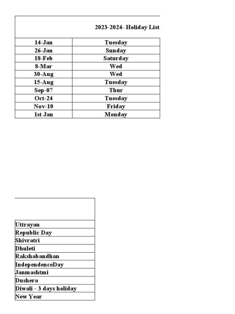Advait Holiday List.xlsx | PDF