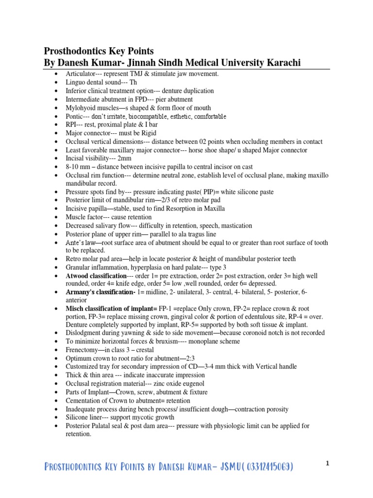 Prosthodontics Key Points by DANESH | PDF | Dentures | Dental Implant