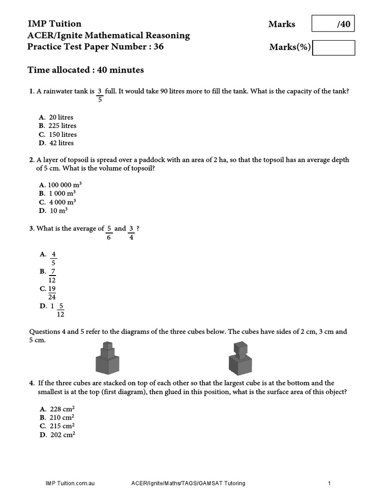 Mathematical Reasoning Practice Test Yr 7 | PDF | Mathematics