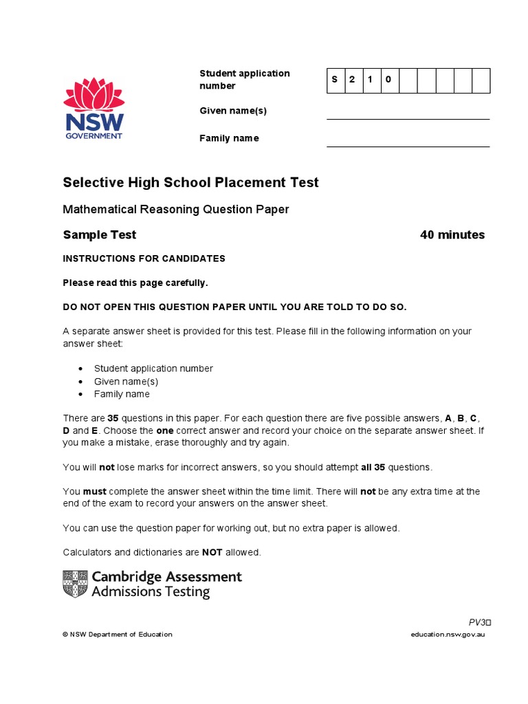 2020 SAMPLE Selective Mathematical Reasoning Test NSW | PDF