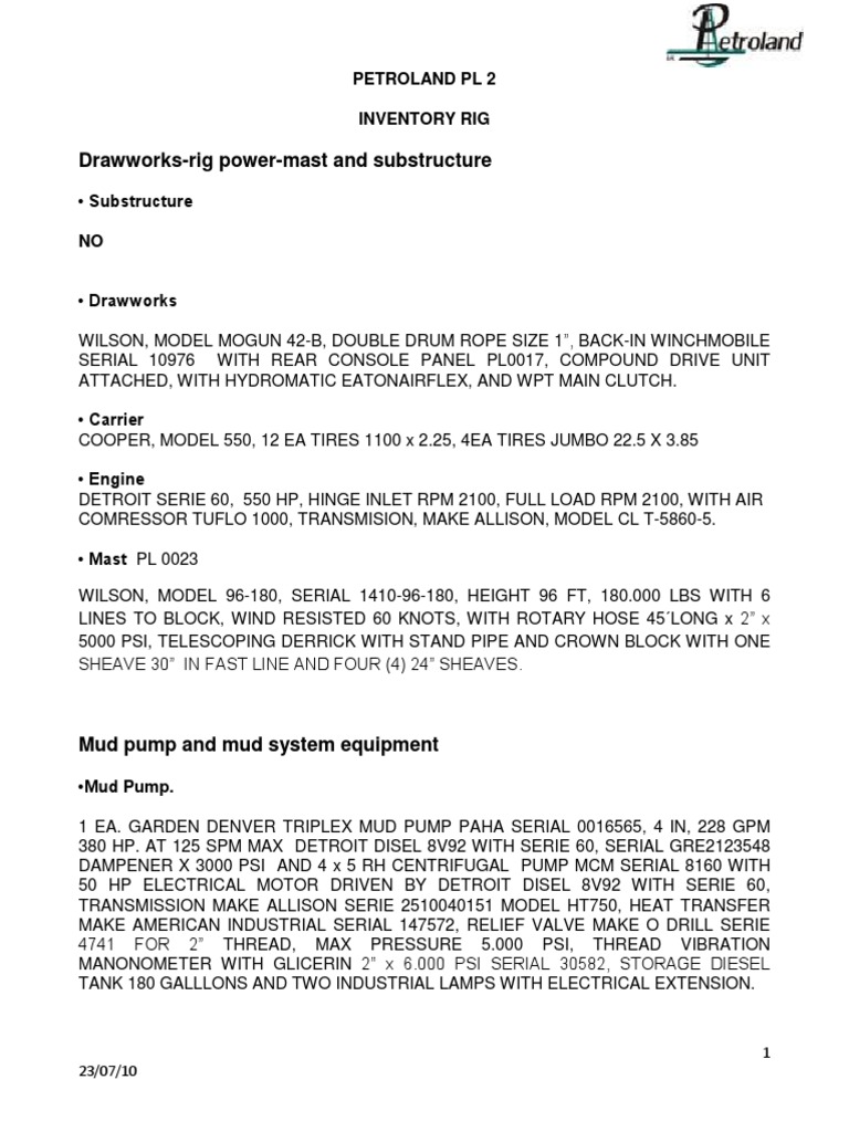 Inventory and Equipment List for a Mobile Land Drilling Rig | PDF | Pipe (Fluid Conveyance) | Pump