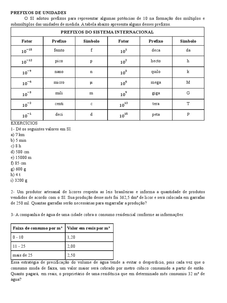 Tabela Prefixos e Exercícios 1 | PDF | Metro | Unidades de medida