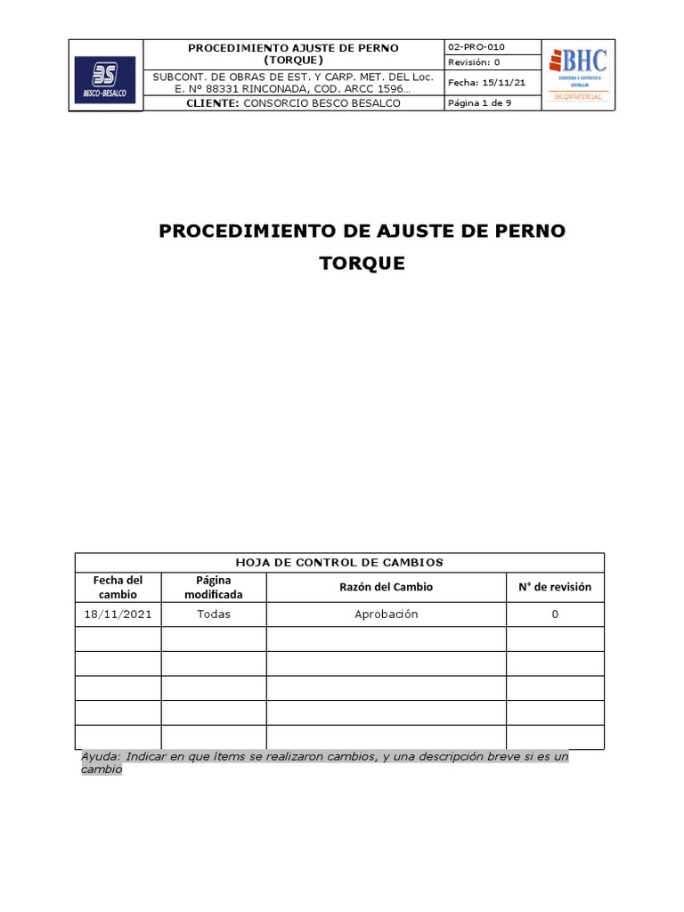 02-PRO-010 Proc. de Torqueo | PDF | Tornillo | Metalurgia