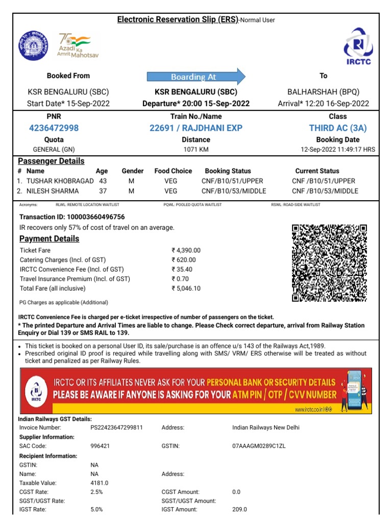 Electronic Reservation Slip for Travel Between KSR Bengaluru and ...