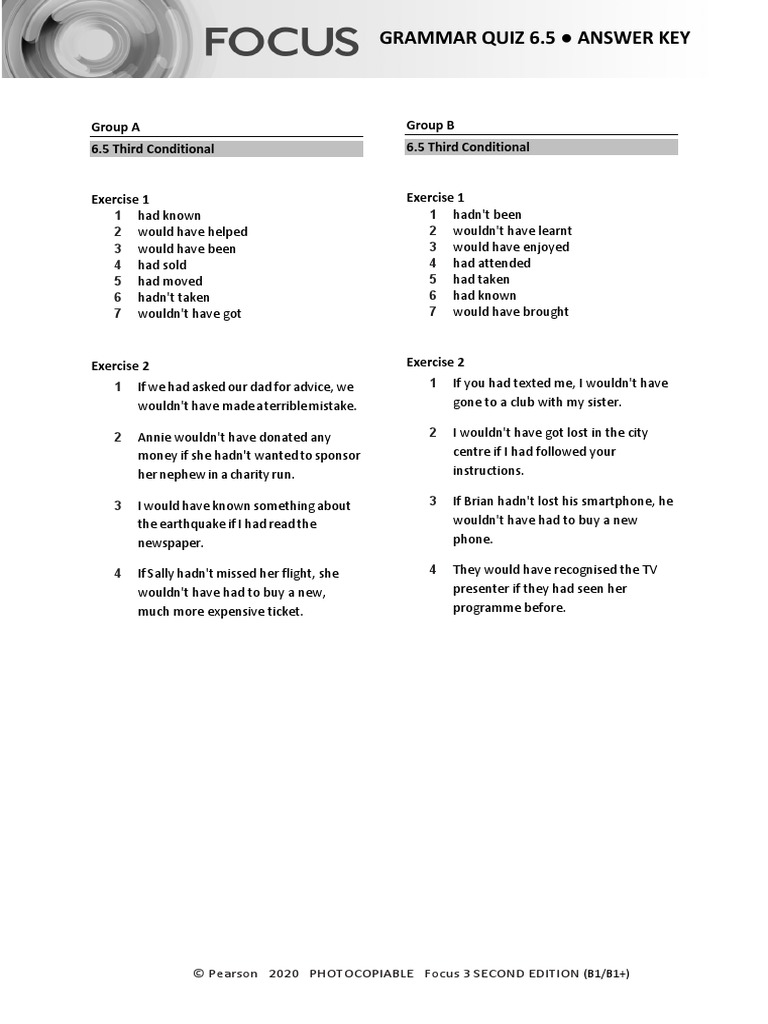 Focus3 2E Grammar Quiz Unit6 5 GroupA B ANSWERS PDF | PDF