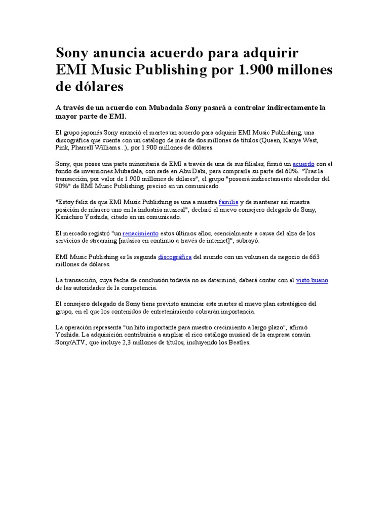Sony Anuncia Acuerdo para Adquirir EMI Music Publishing Por 1.900 ...