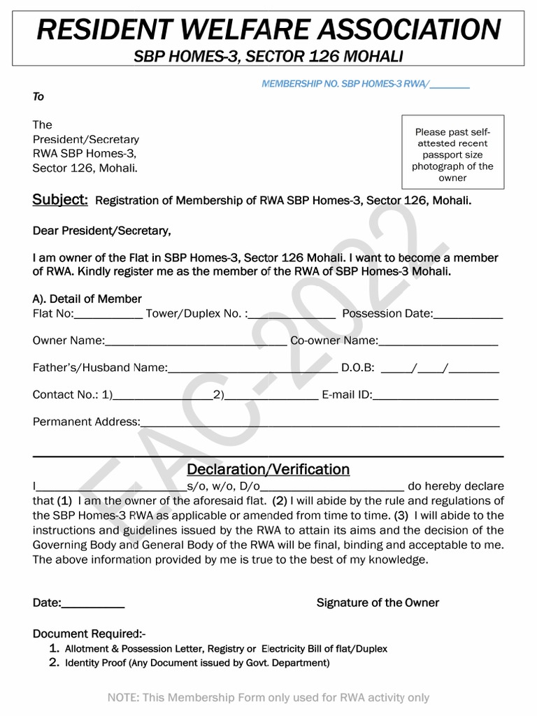 Membership Form For RWA SBP Homes-3 | PDF
