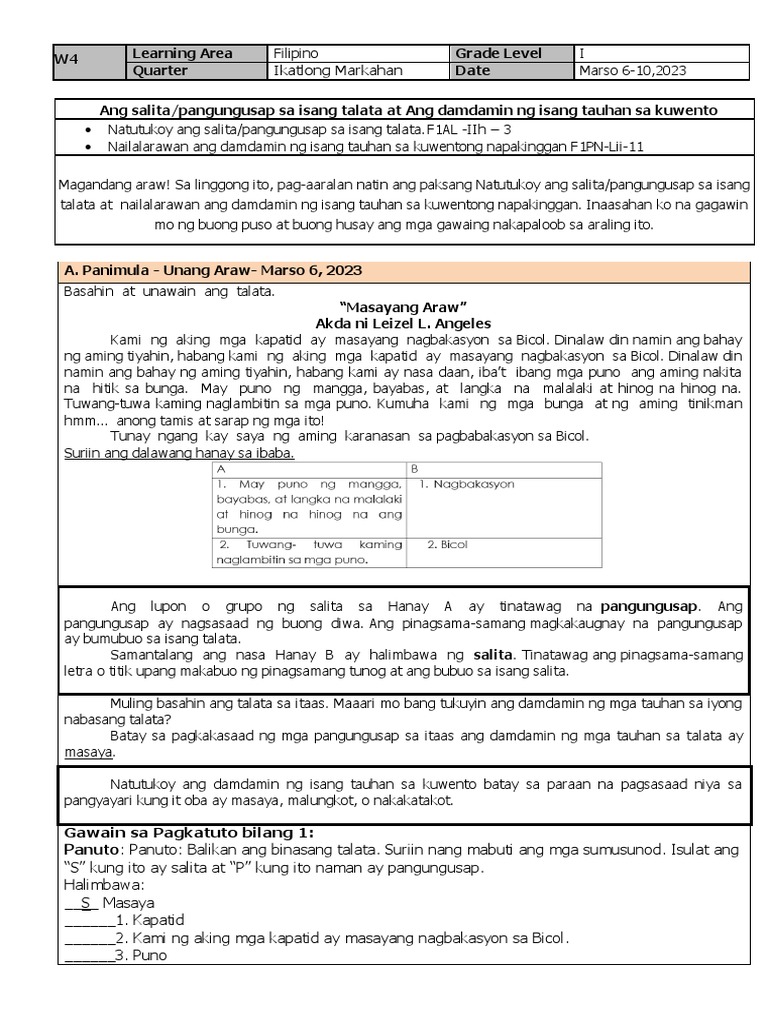 FILIPINO I Worksheet W4 DAY 1 5 | PDF