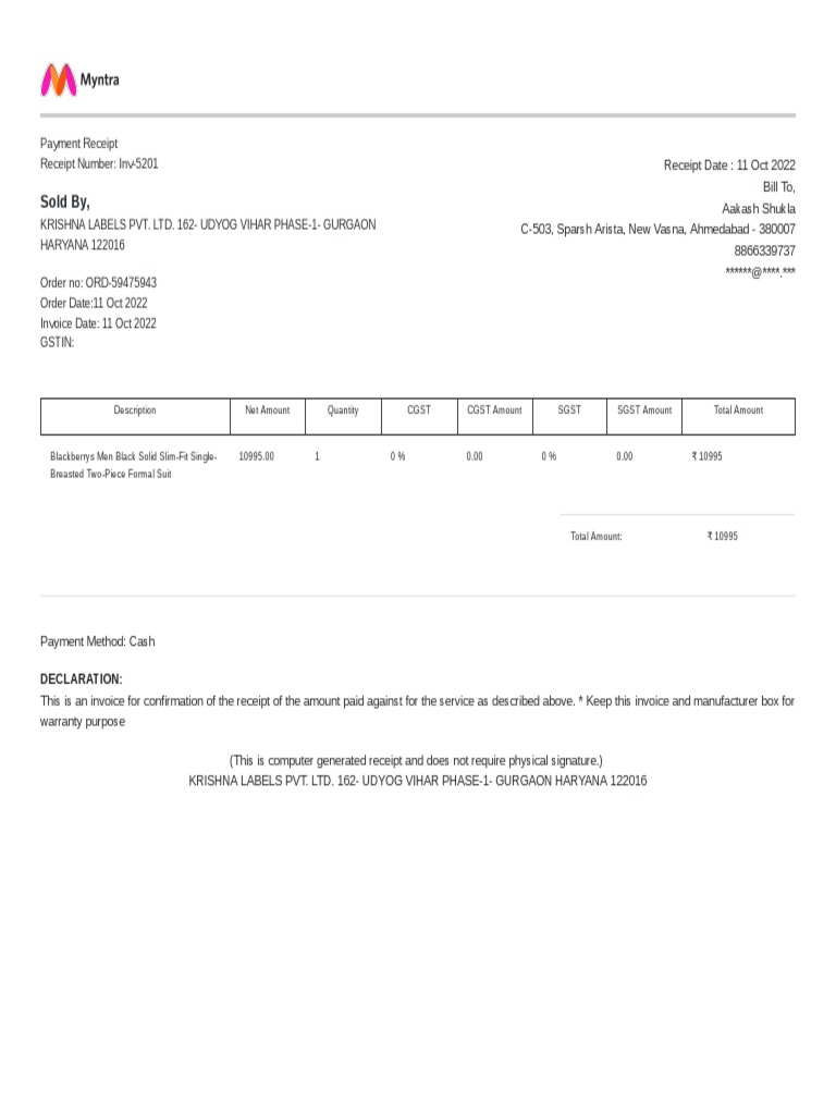 Myntra Order Invoice Receipt Details | PDF